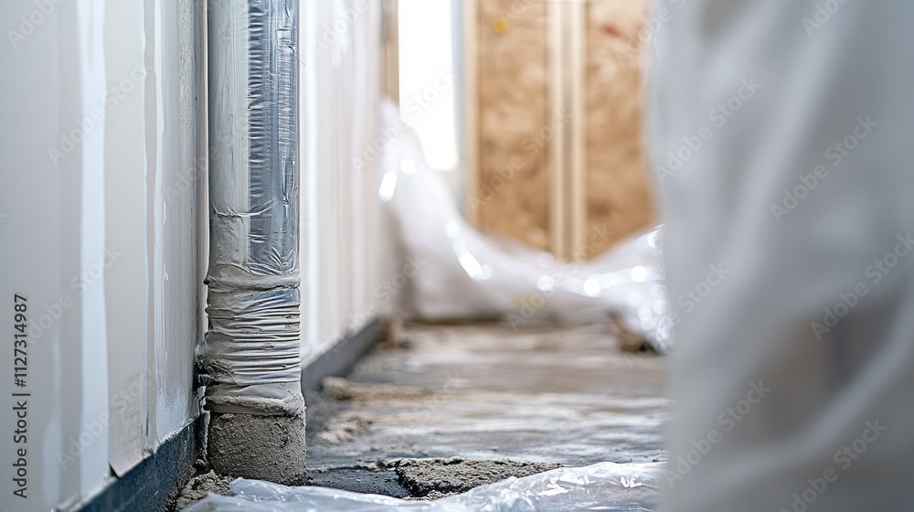 Reconstruction site with rain drain pipe and plastic wrap covering wall ...