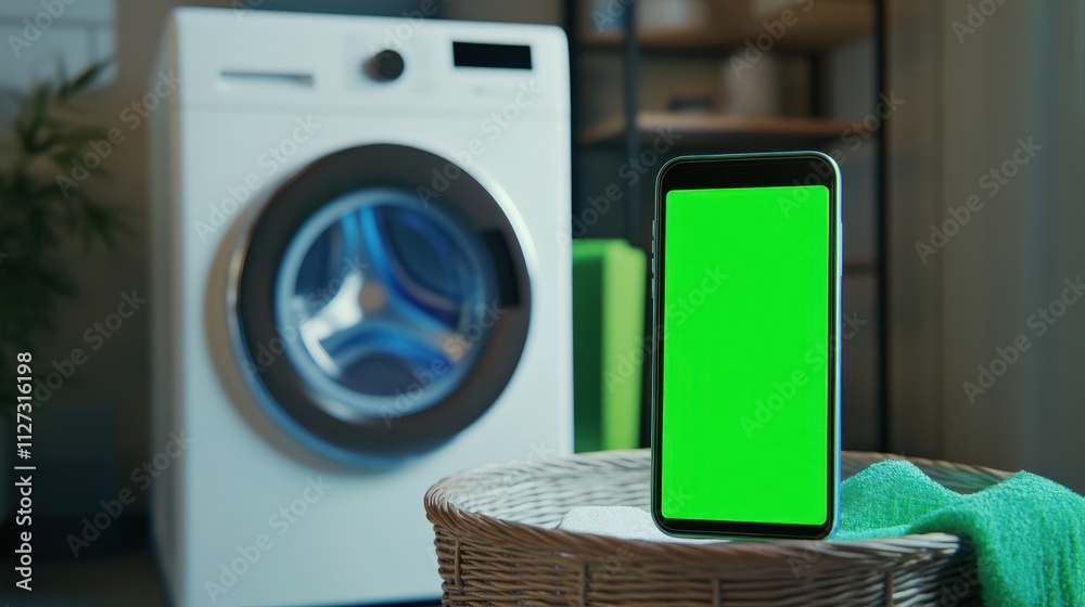 Phone with green screen placed on a laundry basket next to a washing ...
