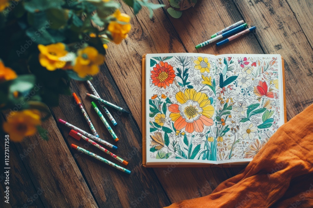 Top view a brightly illustrated activity book opened to a coloring page ...