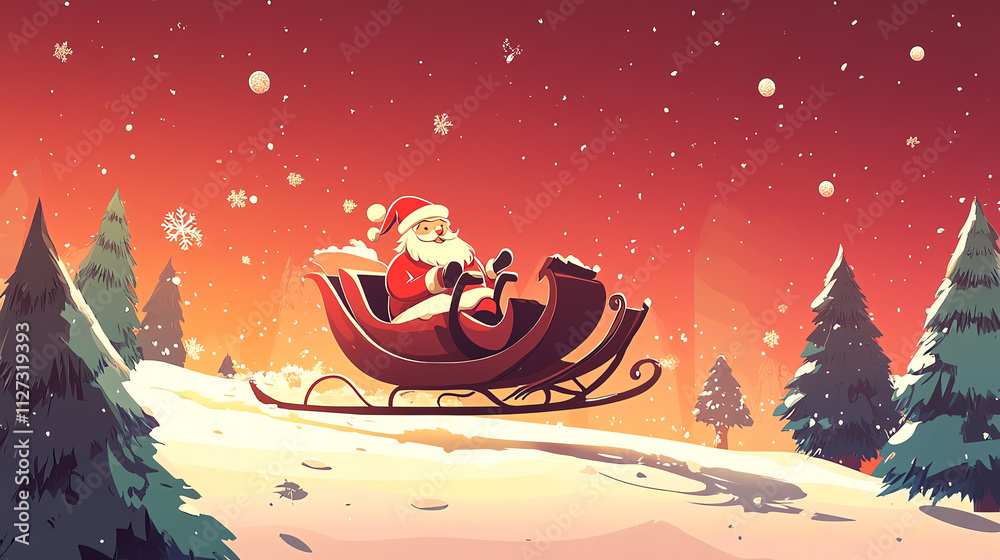 Santa Claus riding a sleigh flat design front view snowy landscape ...
