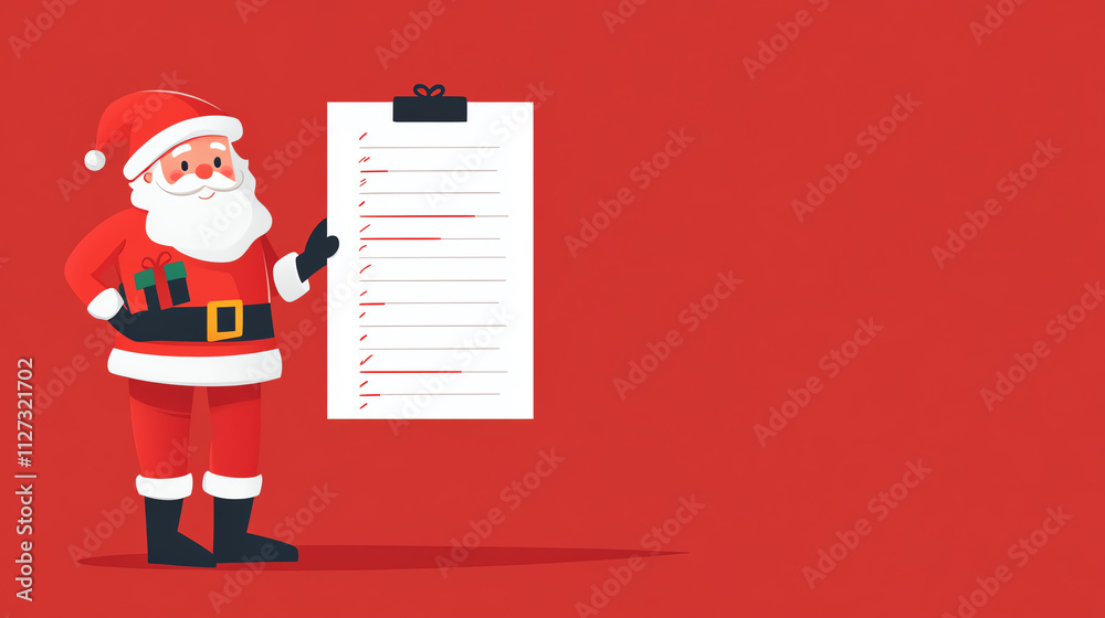 Santa Claus with a list of names and presents flat design side view ...