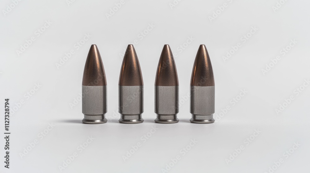 Four 9mm hollow point bullets arranged neatly on a clean white ...