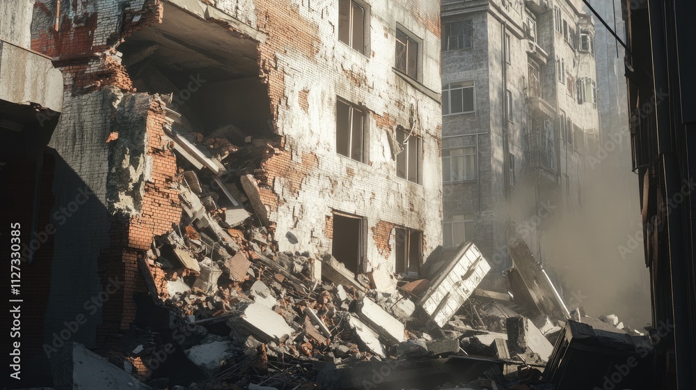 Collapsed industrial building aftermath with debris and destruction in ...