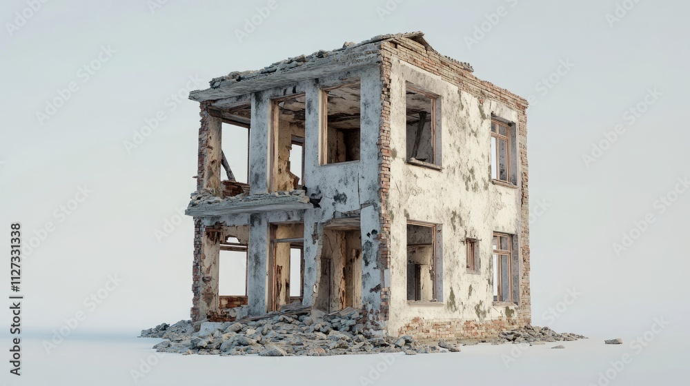 abandoned two story house in ruins showing decayed structure and ...
