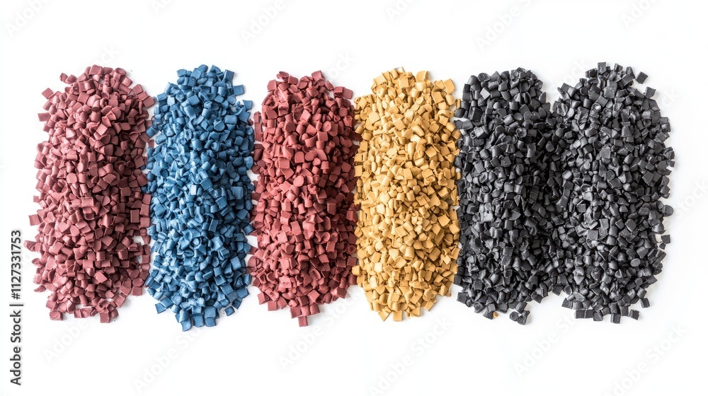 Colorful polymer masterbatch granules arranged on a white background ...