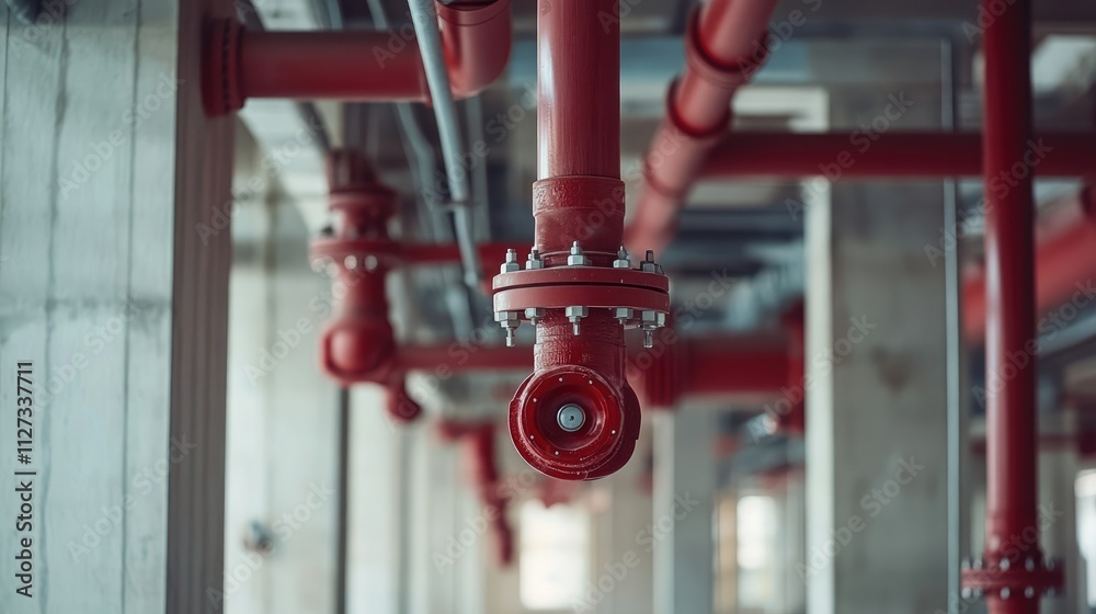Industrial fire protection system with red sprinkler pipes installed in ...