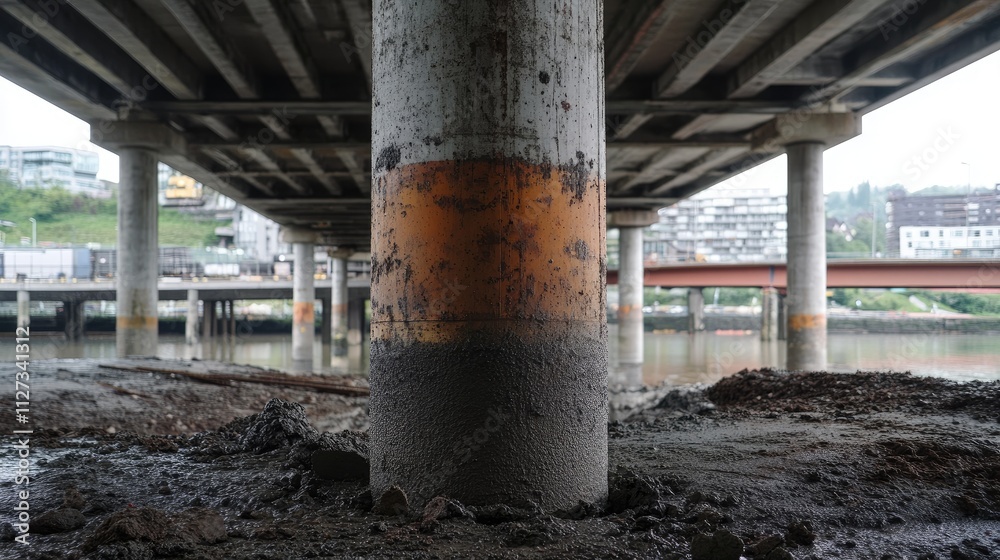Underneath a bridge showing construction details of a concrete pile cap ...