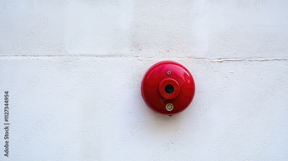 Red fire alarm sounder mounted on a plain white wall for safety and ...