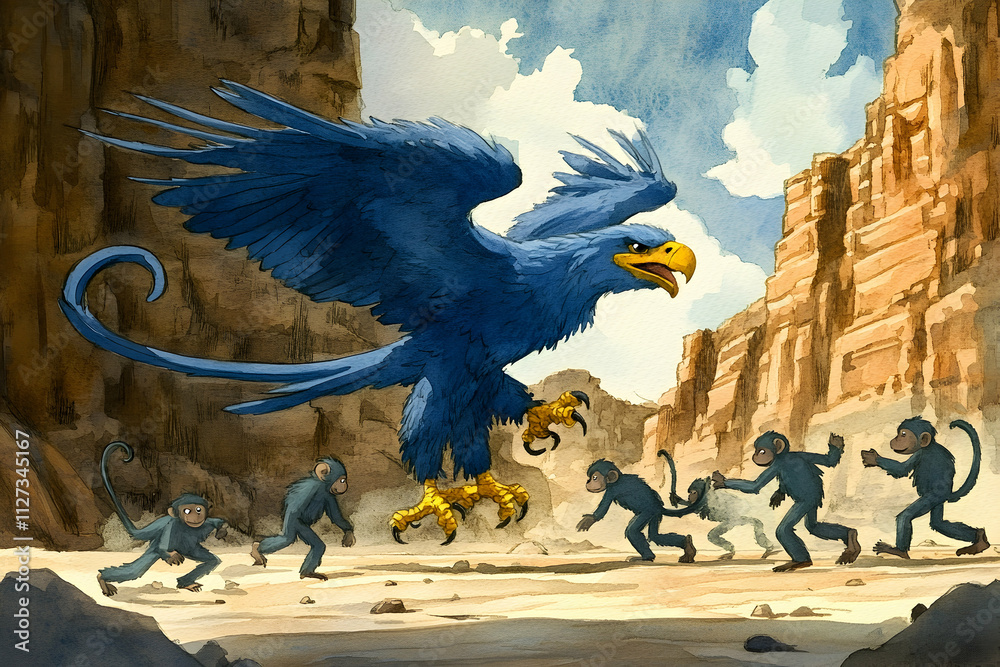 Giant blue eagle menacing monkeys in a canyon. Stock Illustration ...