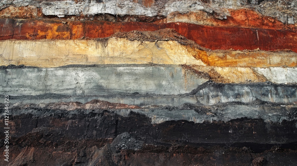 Open pit iron ore mine showcasing geological layers of soil and rich ...