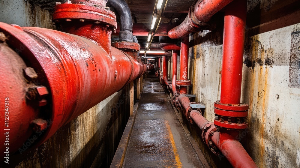 Red industrial pipes in underground communal service pit with damp ...