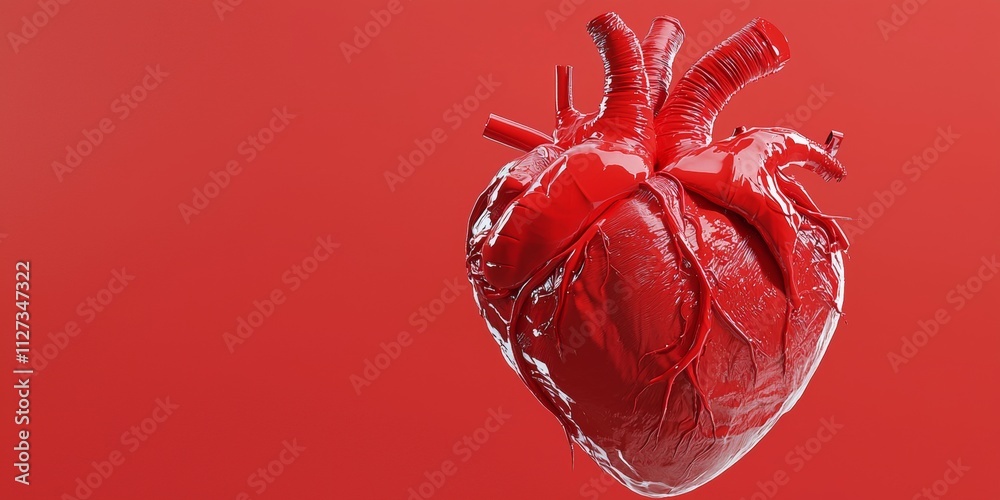 Shiny anatomical 3d model of human heart rotating on monochromatic red ...