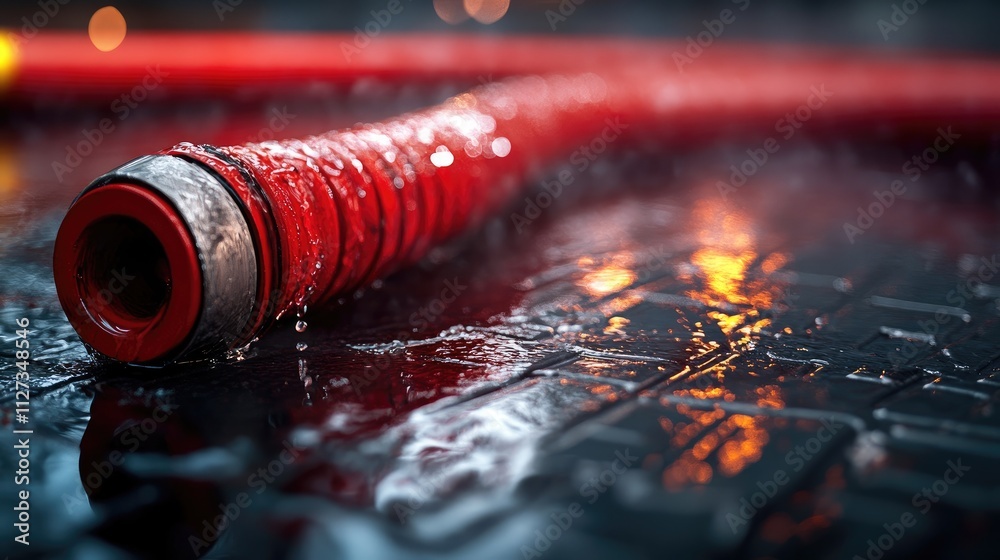 Red fire hose with high-pressure water jet nozzle lying on wet floor ...