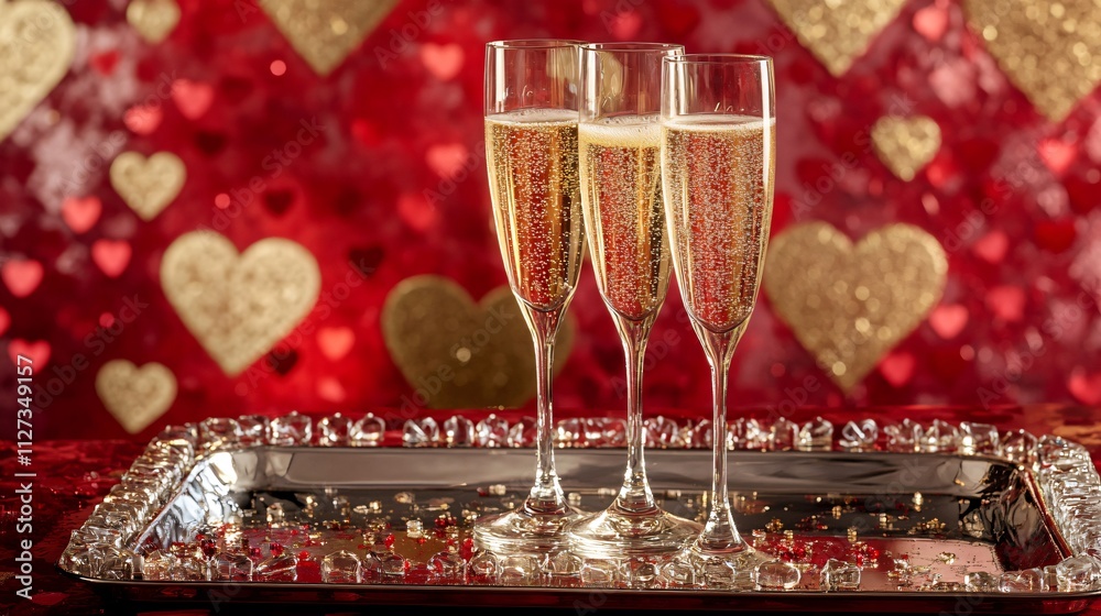 Elegant flutes of bubbly on a crystal tray, with a background of red ...