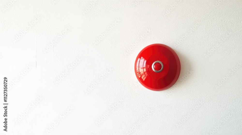 Red fire alarm sounder mounted on a plain white wall signaling safety ...