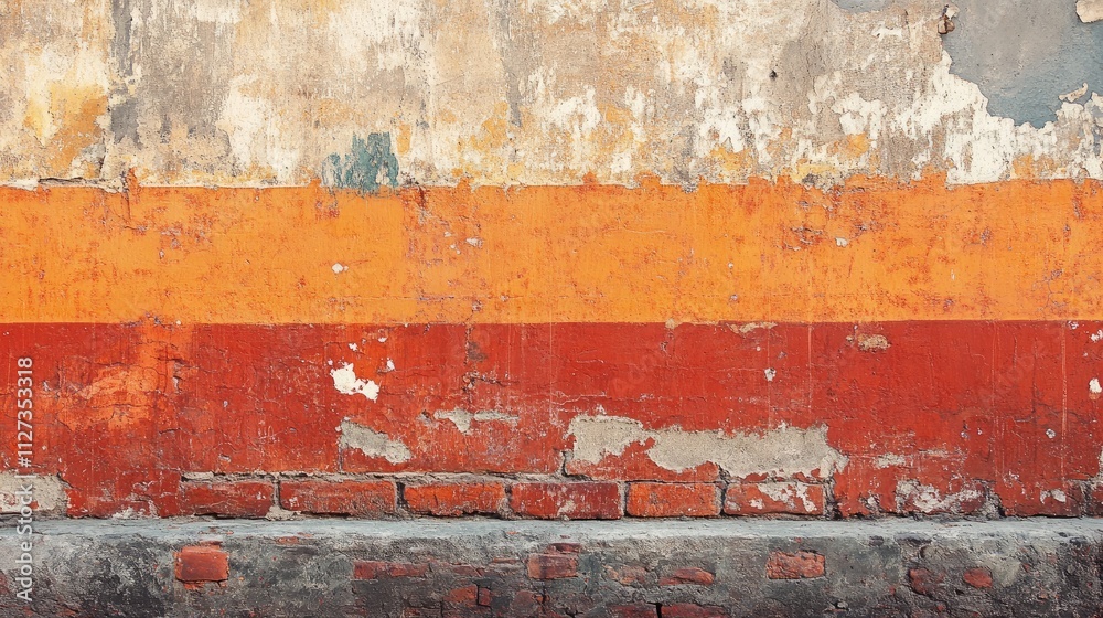 Vintage red and orange brick wall texture with peeling paint creating a ...