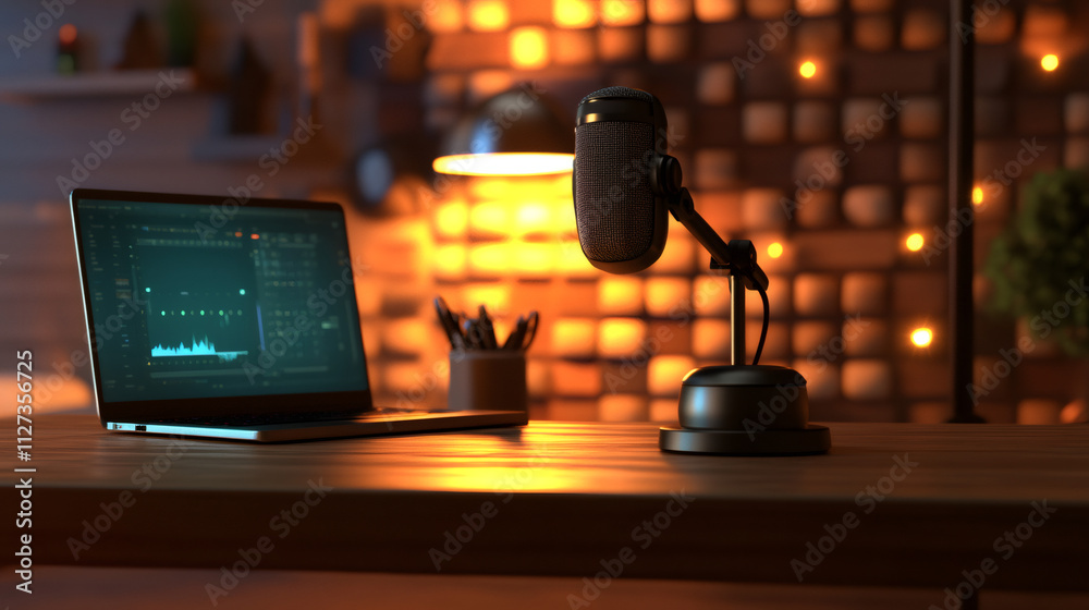 Modern home studio featuring a professional microphone and laptop with ...