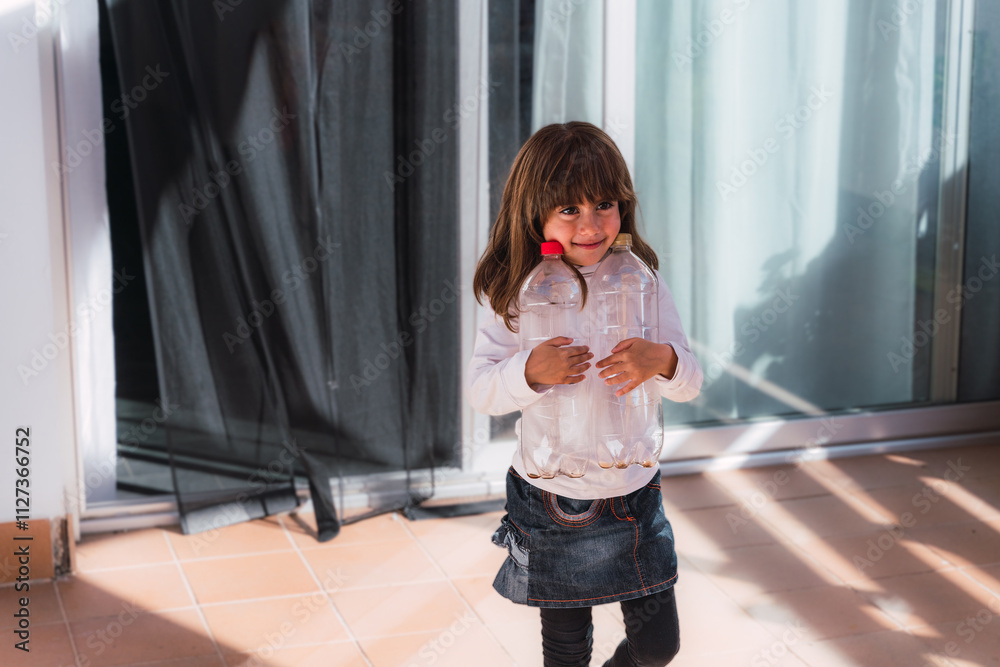 Little girl playing with recycled plastic bottles as a floatation ...