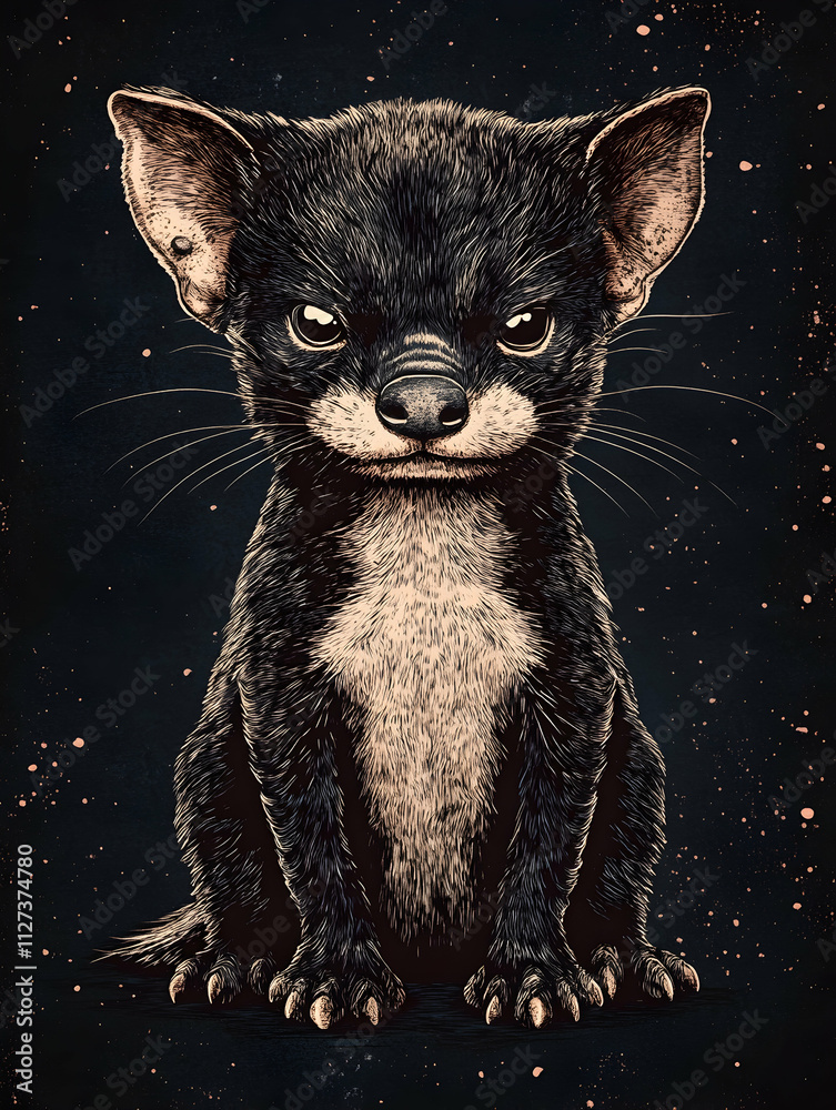 Angry Tasmanian devil cub sitting against dark starry background. Stock ...