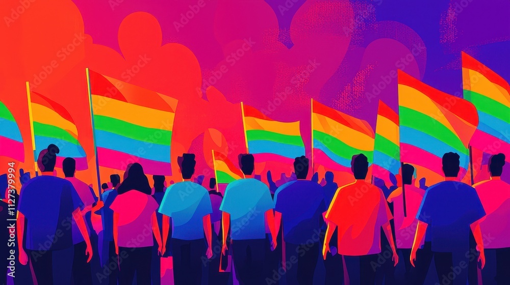 A vibrant crowd holds rainbow flags against a colorful backdrop ...