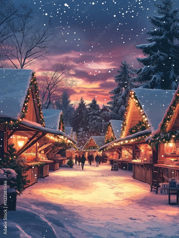 Christmas market stalls illuminated at dusk during a gentle snowfall ...