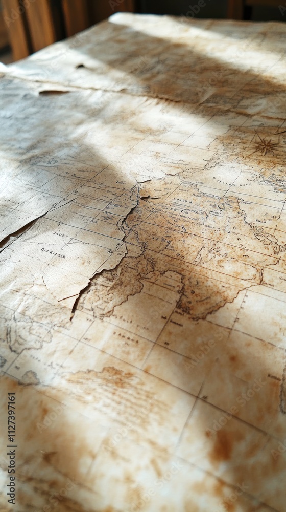 An aged map with visible creases and stains, suggesting historical ...