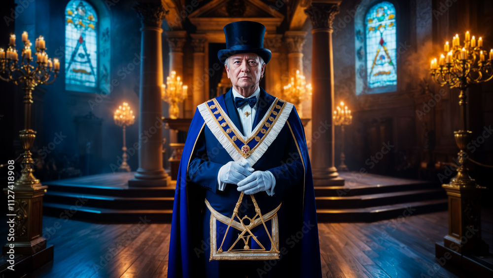 Freemason wearing suit, top hat and regalia inside masonic lodge Stock ...