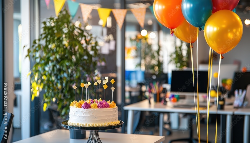 A modern office decorated with balloons, a cake, and congratulatory ...