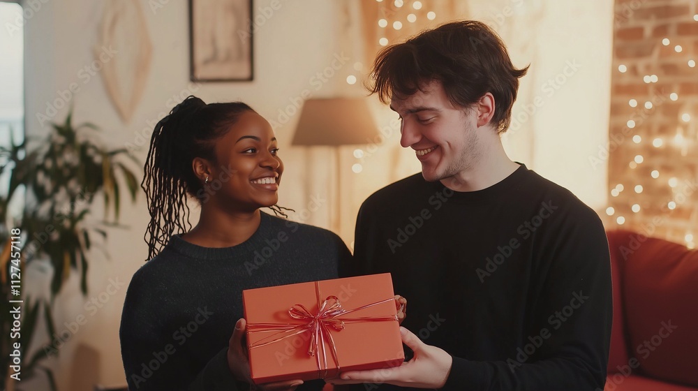 A couple exchanging gifts at home in a casual setting, celebrating a ...