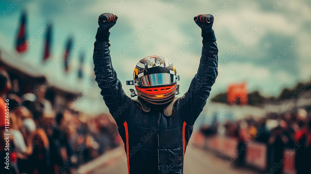 The race car driver celebrates win triumph after winning the high-speed ...