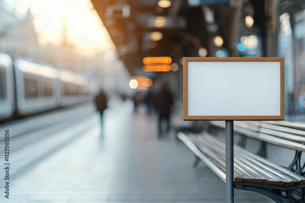 Outdoor blank white screen at bustling transit hub reflecting urban ...
