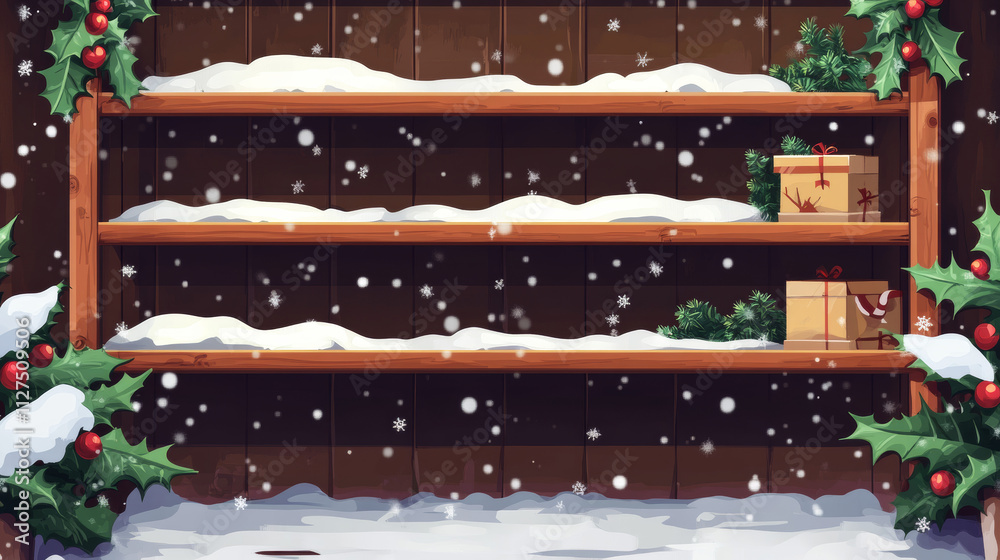 Game shop Christmas interface - cartoon vector ui snowy wooden rack ...