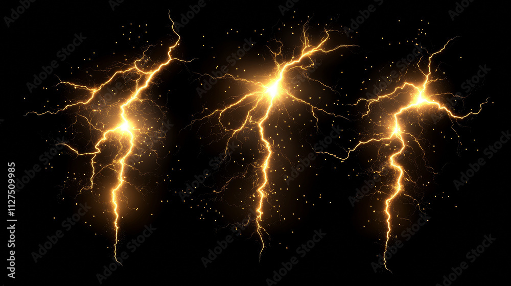 Set of yellow lightning, electric thunderbolt strike during night storm ...