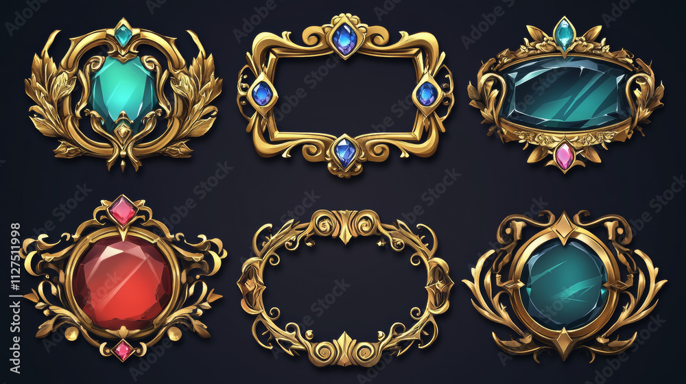 Vintage square golden frames for rpg game ui banners and elements ...