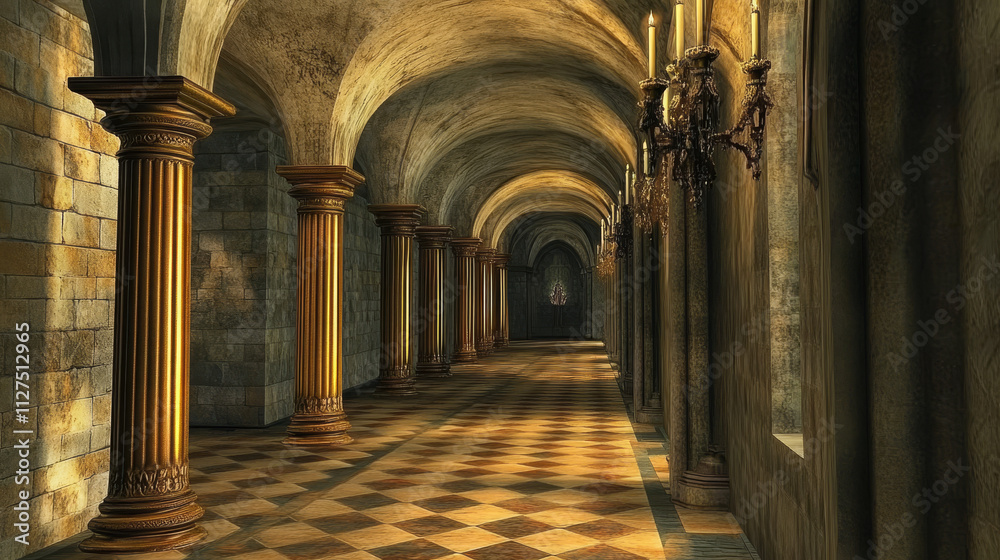 Castle corridor with gold columns. Palace empty colonnade interior with ...