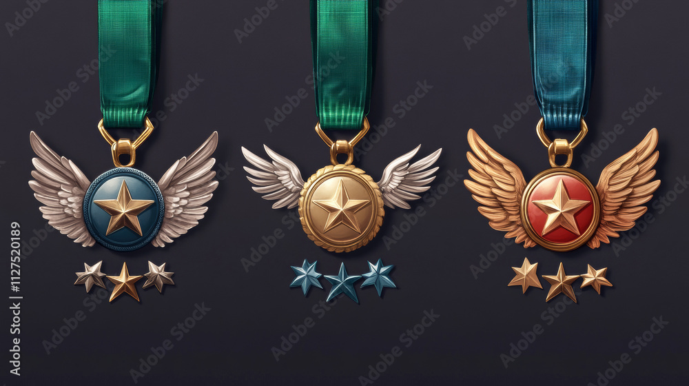 Set of military game rank badges isolated on background. Vector cartoon ...