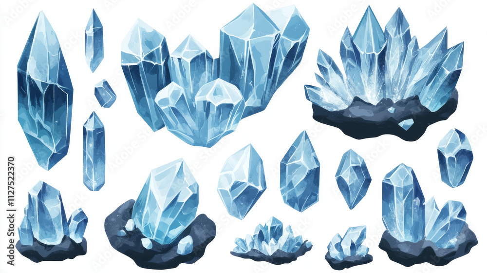 Blue crystals set isolated on background. Vector cartoon illustration ...