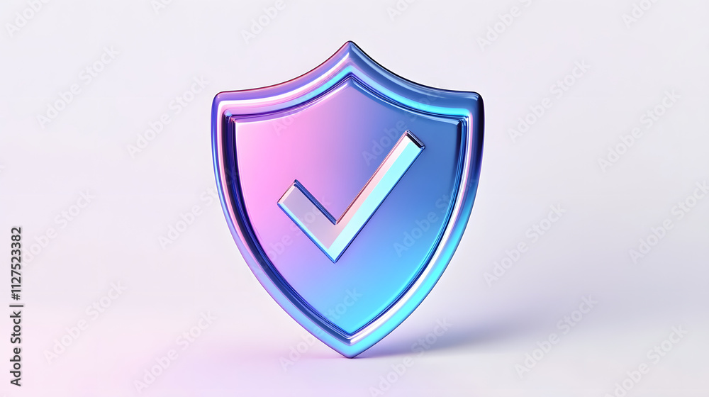 cartoon 3d Icon safety shield check mark perspective . Blue and purple ...