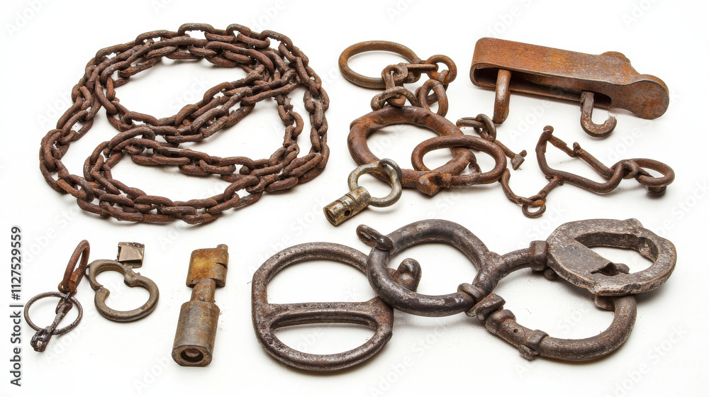 Illustration Stock Iron chains, shackles with heavy ball and padlock ...
