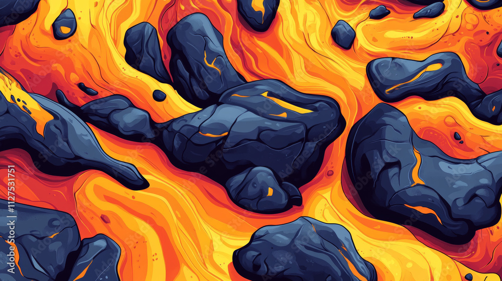 Lava with stones seamless textures for game. Colorful backgrounds of volcano eruption top view ...