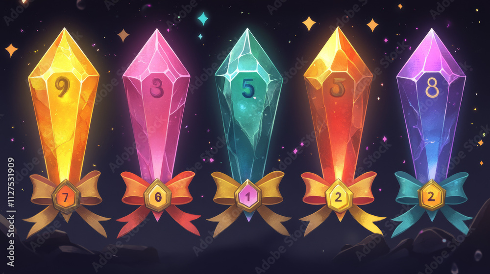 Purple badges with level number and xp points for game ui design ...