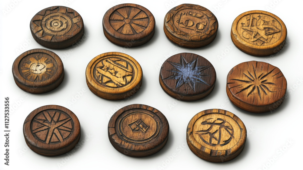 Wooden web buttons, round icons for game interface. Vector cartoon set ...
