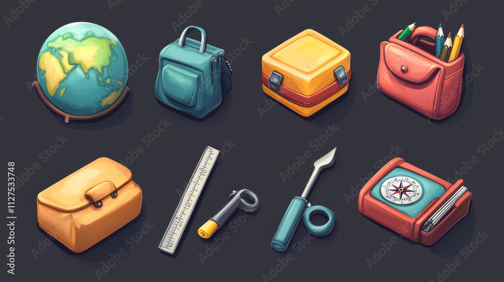 Cartoon vector back to school icon set. Study illustration isolated ...
