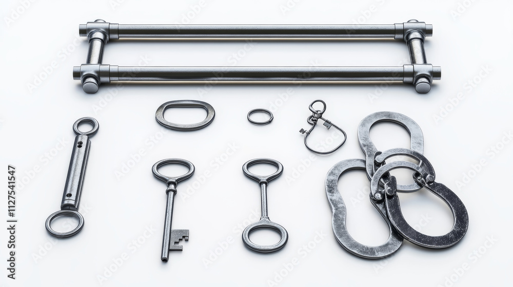 Steel lattice for prison windows, handcuffs and keys. Jail grid and ...