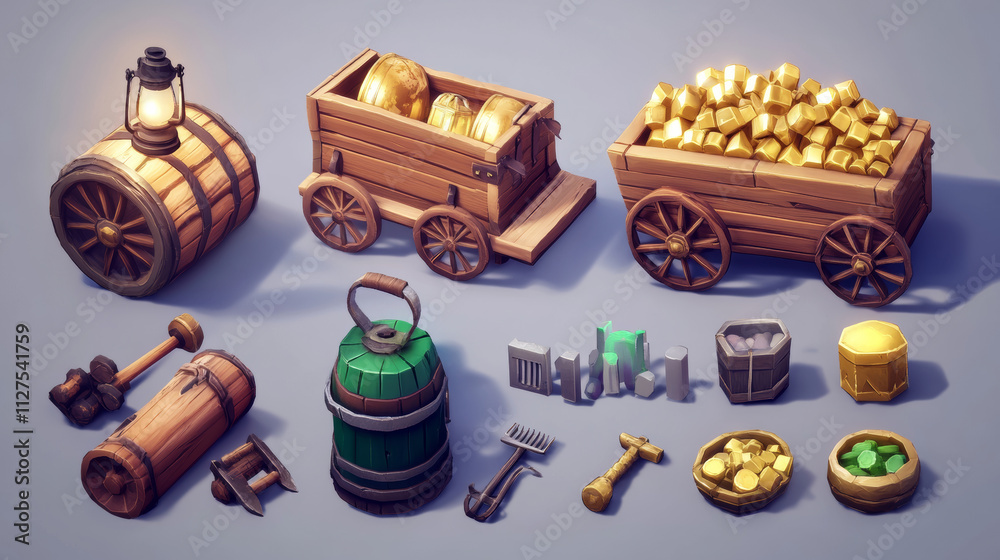 Game props icons gold mine assets dynamite, trolley with golden nuggets ...