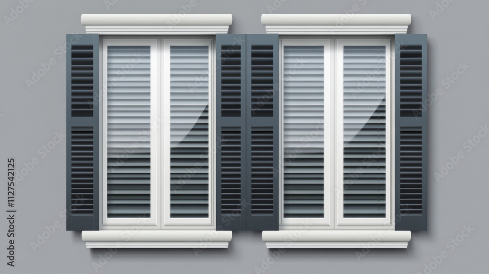 Windows with jalousie and roller shutter curtains. Plastic pvc single ...