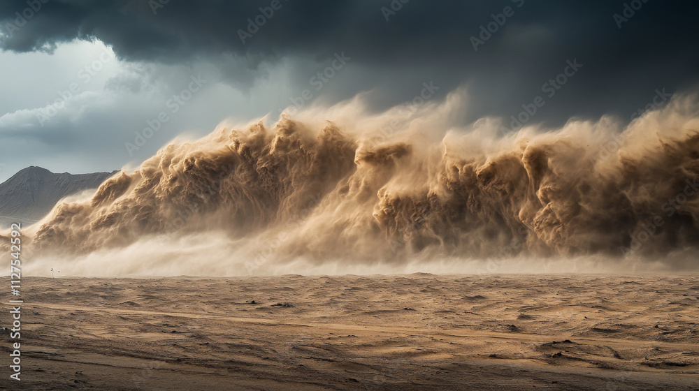 Desert sandstorm, brown dusty cloud or dry sand flying with gust of ...