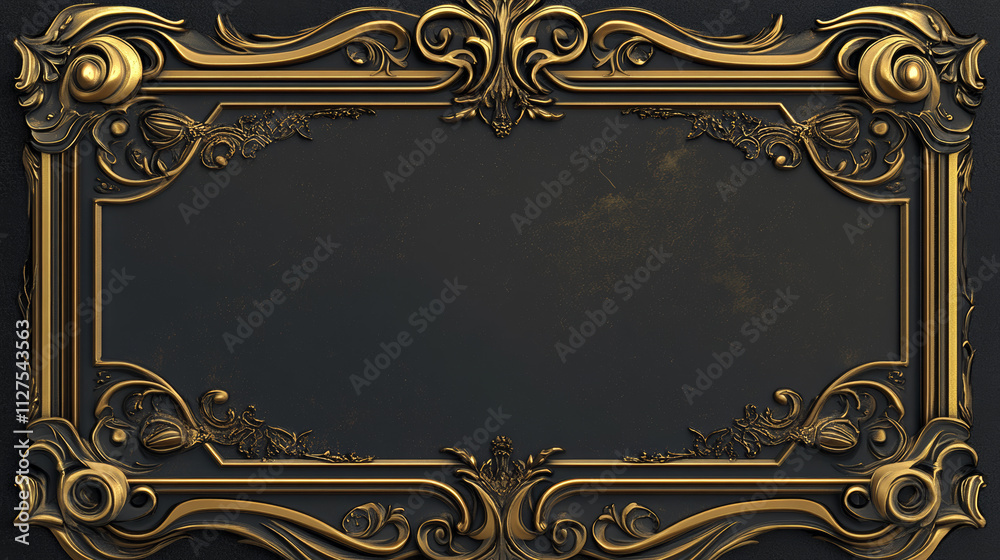 Game ui long button with thin gold frame. Rectangular medieval border ...