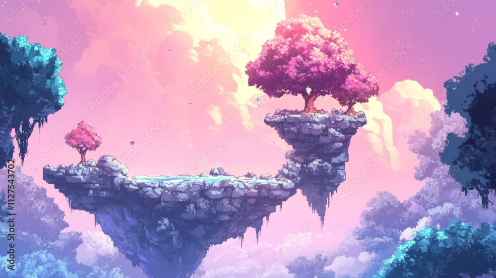 Land island floating in pink sky game vector illustration. Cartoon ...