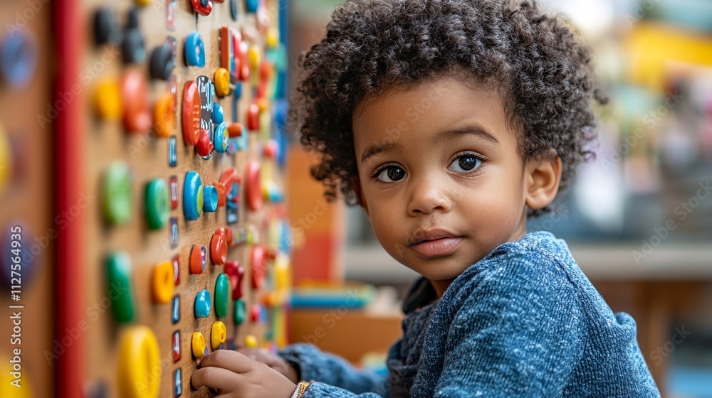 Preschooler interacting with busy board, enhancing tactile senses and ...